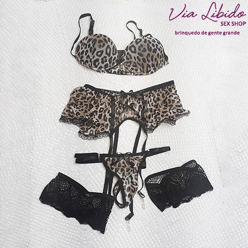 Conjunto 4 Peças Tule Oncinha Via Libido Sex Shop